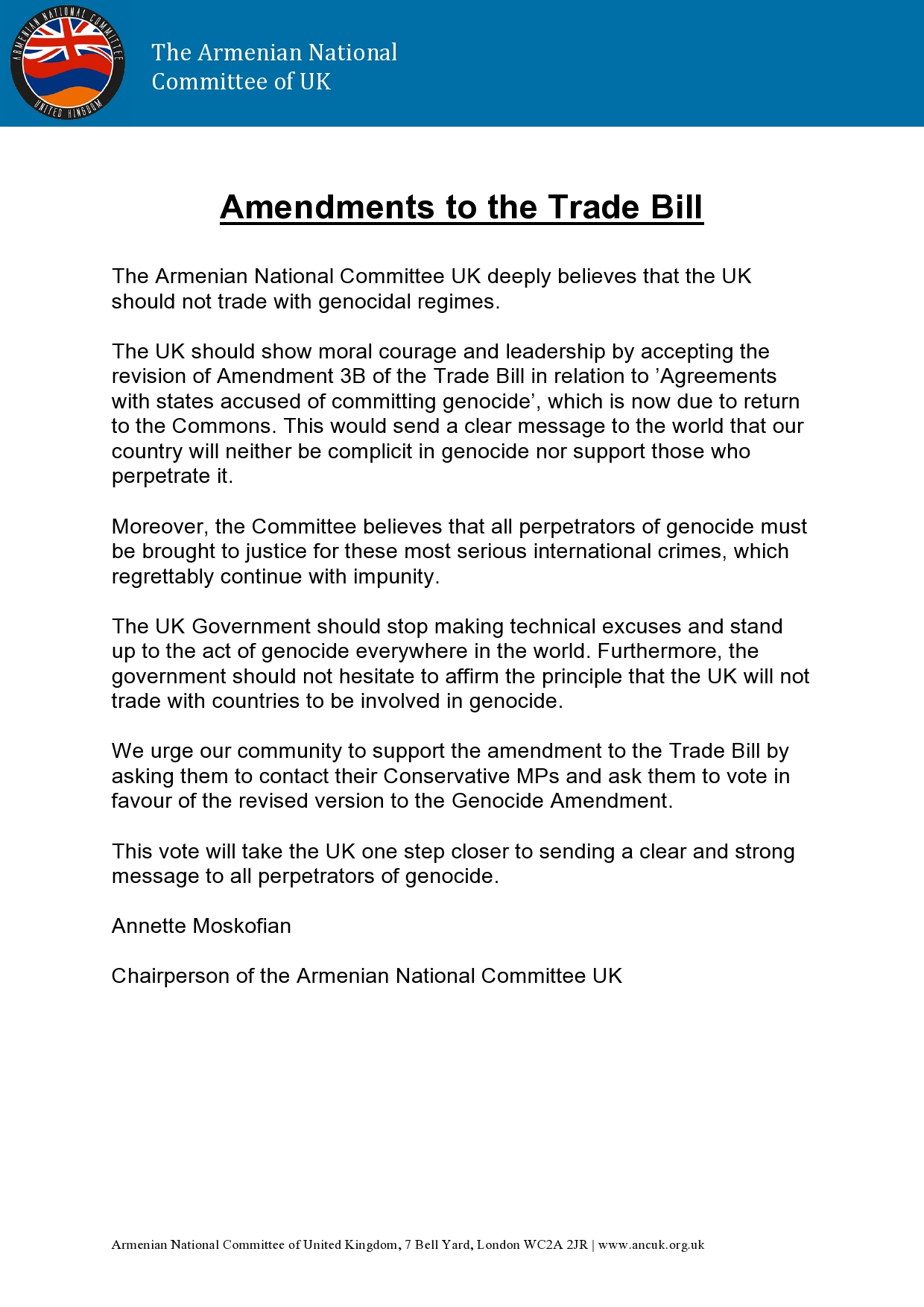 ANC UK Statement Amendments to the Trade Bill - Armenian National ...
